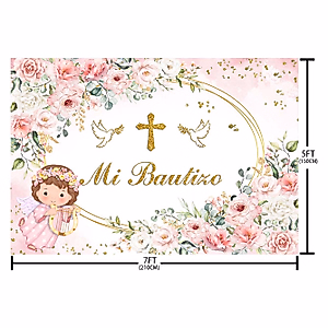 AIBIIN 7x5ft Pink Mi Bautizo Backdrop for Girls Baby Shower God Bless First Holy Communion Background Oval Mexican Baptism Party Flowers Decorations Banner Props