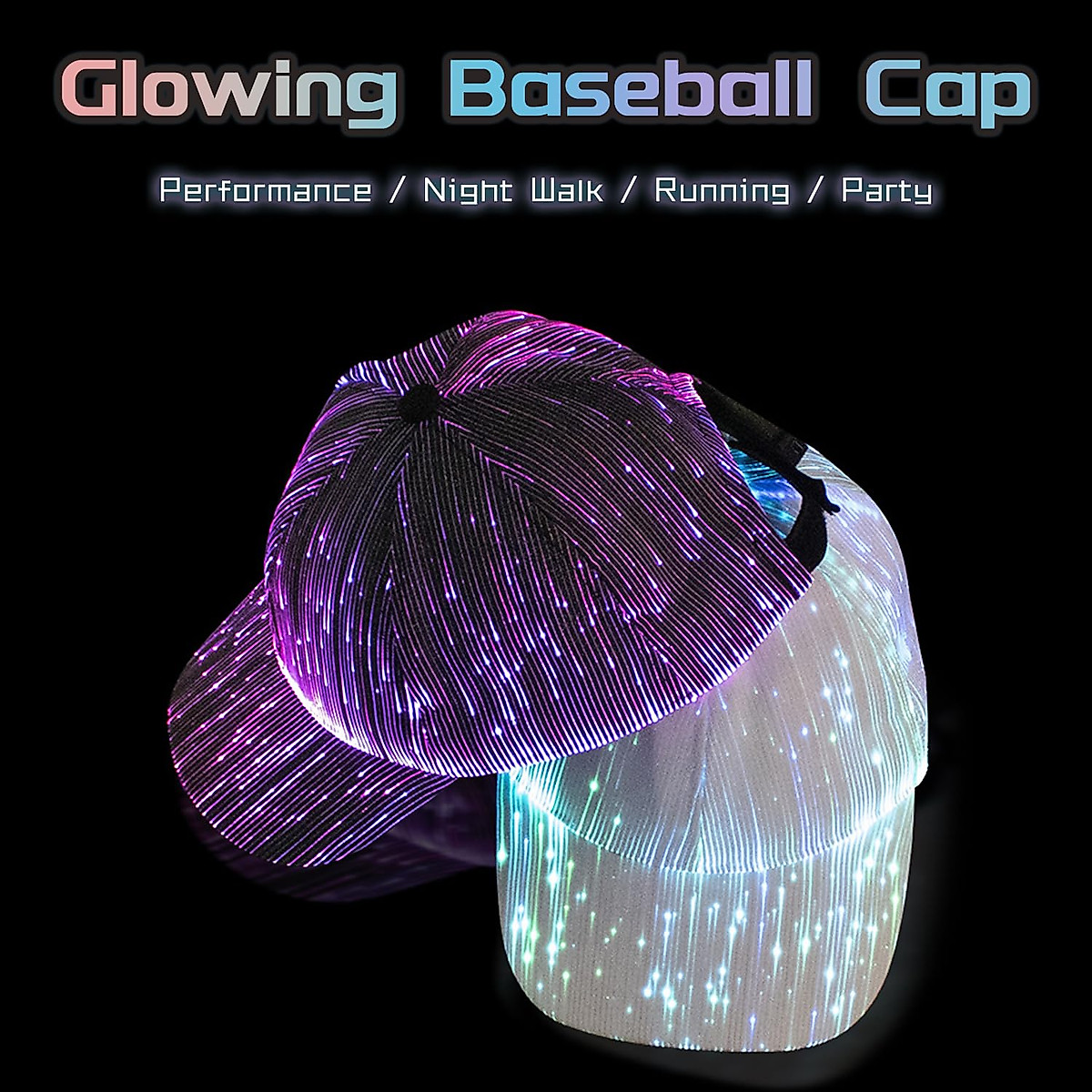 Vastarry LED Cap Fiber Optic Hat with USB Charging, 7 Illuminating Colors, Perfect for Parties, Nightclubs, Music Festivals, (Back,Polyester)