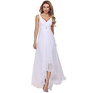 Ever-Pretty Women's V-Neck High-Low Hemline Decorative Brooch Simple Chiffon Wedding Dress White US4