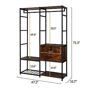 Karl home Freestanding Clothes Rack with 2 Drawers, Heavy Duty Garment Rack with 2 Hanging Rods, Clothing Shelves Metal Frame Wardrobe Closet Organizer for Shoes Coat Storage, Walnut Board 71.3" H