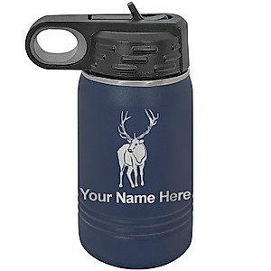 LaserGram Personalized Water Bottle, Elk, Stainless Steel Double Wall Vacuum Insulated with Flip Top Straw, Custom Engraved Gift (12oz / 335ml Navy Blue)