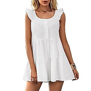 Umenlele Women's Summer Tiered Ruffle Hem Cap Sleeve Short Jumpsuit Romper White Medium