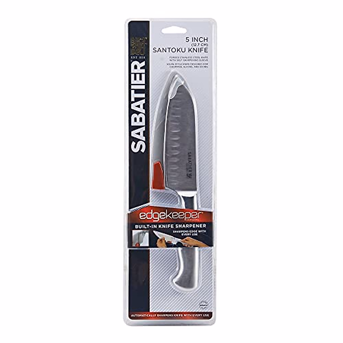 Sabatier Forged Stainless Steel Santoku Knife with Edgekeeper Self-Sharpening Blade Cover, Razor-Sharp Kitchen Knife to Cut Fruit, Vegetables and more, High-Carbon Stainless Steel, 5-Inch