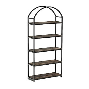 Nathan James Haven Etagere Bookshelf, 5-Shelf Bookcase in Nutmeg Wood and Black Metal Frame with Arch Top and Open Shelves, Nutmeg/Black