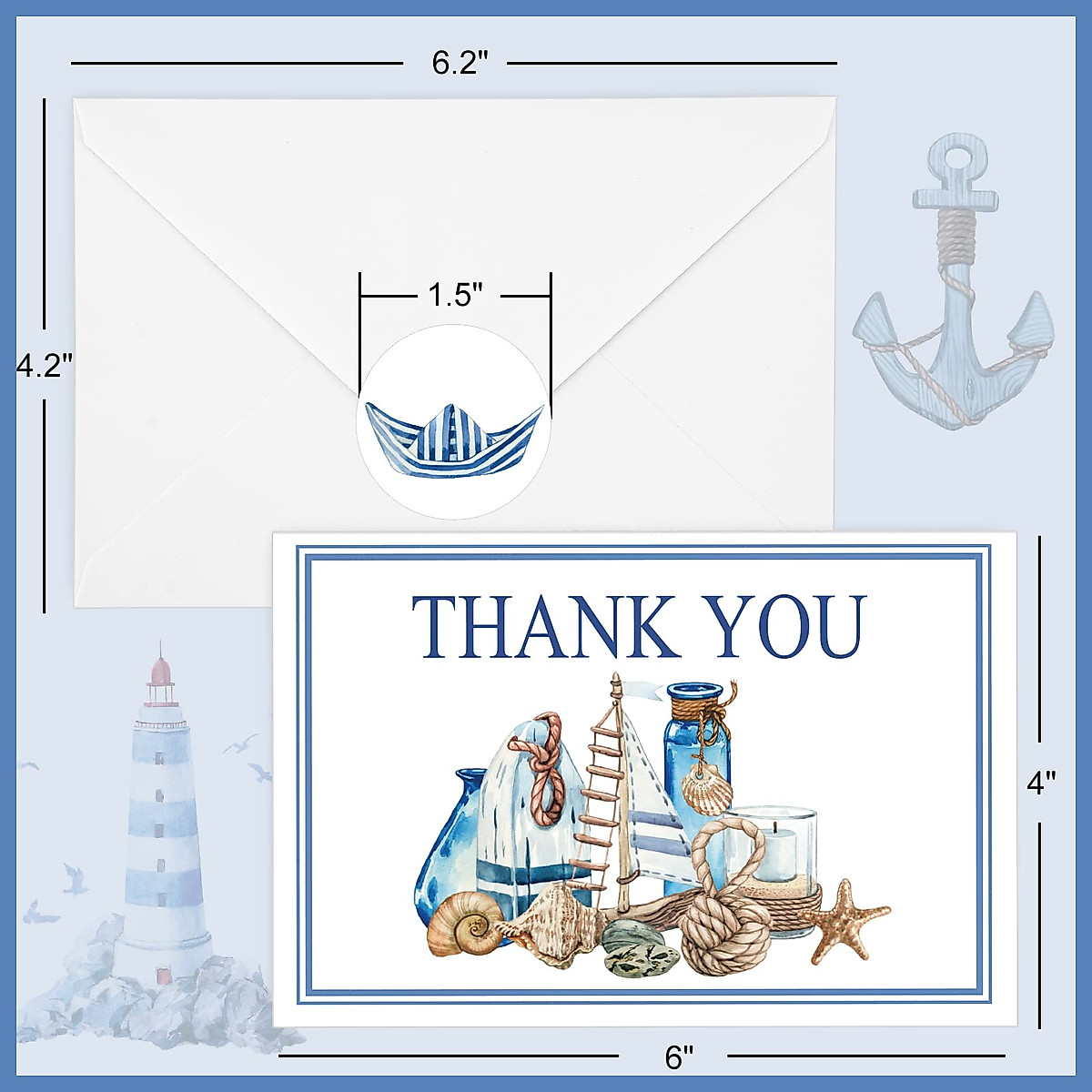 AnyDesign Cruise Staff Thank You Cards Set with Stickers Envelopes 24 Pack Blue Nautical Thank You Note Cards for Express Thanks to Ship Staff Birthday Baby Shower Party, 4 x 6 Inch