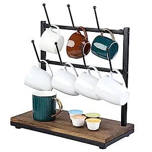 MyGift Rustic Burnt Wood and Black Metal Coffee Mug Holder Rack with 7 Hooks, Tabletop Coffee Bar Accessories Stand