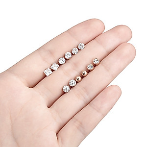 Tornito 6 Pairs Stainless Steel Stud Earrings CZ Ball Earring Set For Men Women 4MM/6MM/8MM Silver Rose Gold Tone