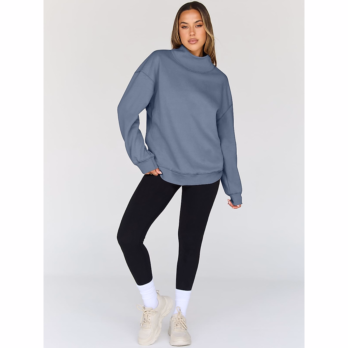 Trendy Queen Womens Oversized Sweatshirts Turtleneck Pullover Long Sleeve Hoodies Tops Fall Fashion Outfits 2025 Clothes GreyBlue M