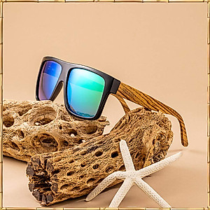 Woodies Oversized Flat Top Aviator Zebra Wood Wrap Sunglasses with Green Lens for Men and Women | 100% UVA/UVB Protection