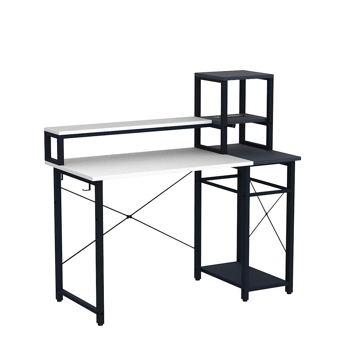 armocity 2024 Upgrade Gaming Desk with LED Lights, Small Computer Desk with Long Monitor Stand, 40'' Reversible Laptop Table with Shelves, Small Desk for Small Spaces, Gaming Room, White and Blue