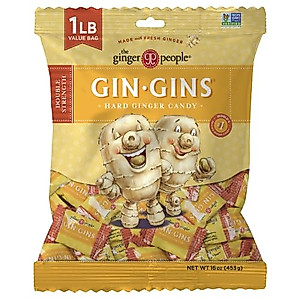 GIN GINS Double Strength Ginger Hard Candy by The Ginger People – Anti-Nausea and Digestion Aid, Individually Wrapped Healthy Candy - Double Strength Ginger Flavor, Large 1 lb Bag (16oz) - Pack of 1