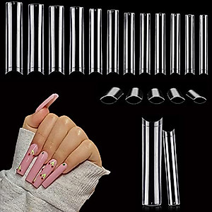 504 PCS No C Curve Clear Nail Tips for Acrylic Nails Professional, 3XL Extra Long, 12 Sizes Half Cover Straight Tapered Square French Fake Nail Tips for Nail Salons Home DIY