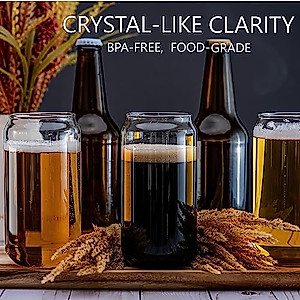 PLASNT Glass Cups with Bamboo Lids and Straws 4 Can Shaped Glasses Glass Can Cup Glass Coffee Cups with Lids and Straw Beer Can Glass with Lids And Straw16 oz