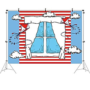 Ticuenicoa 7x5ft Cartoon Window Backdrops for Photography Kids Birthday Party Background Blue Red Kite Striped Kids Baby Shower Party Backdrop Boys Girls 1st Birthday Decorations Cake Table Banner