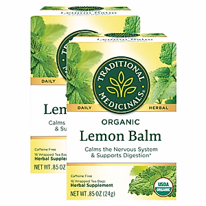 Traditional Medicinals Organic Lemon Balm Herbal Tea, Calming and Supports Digestion (Pack of 2) - 32 Tea Bags Total
