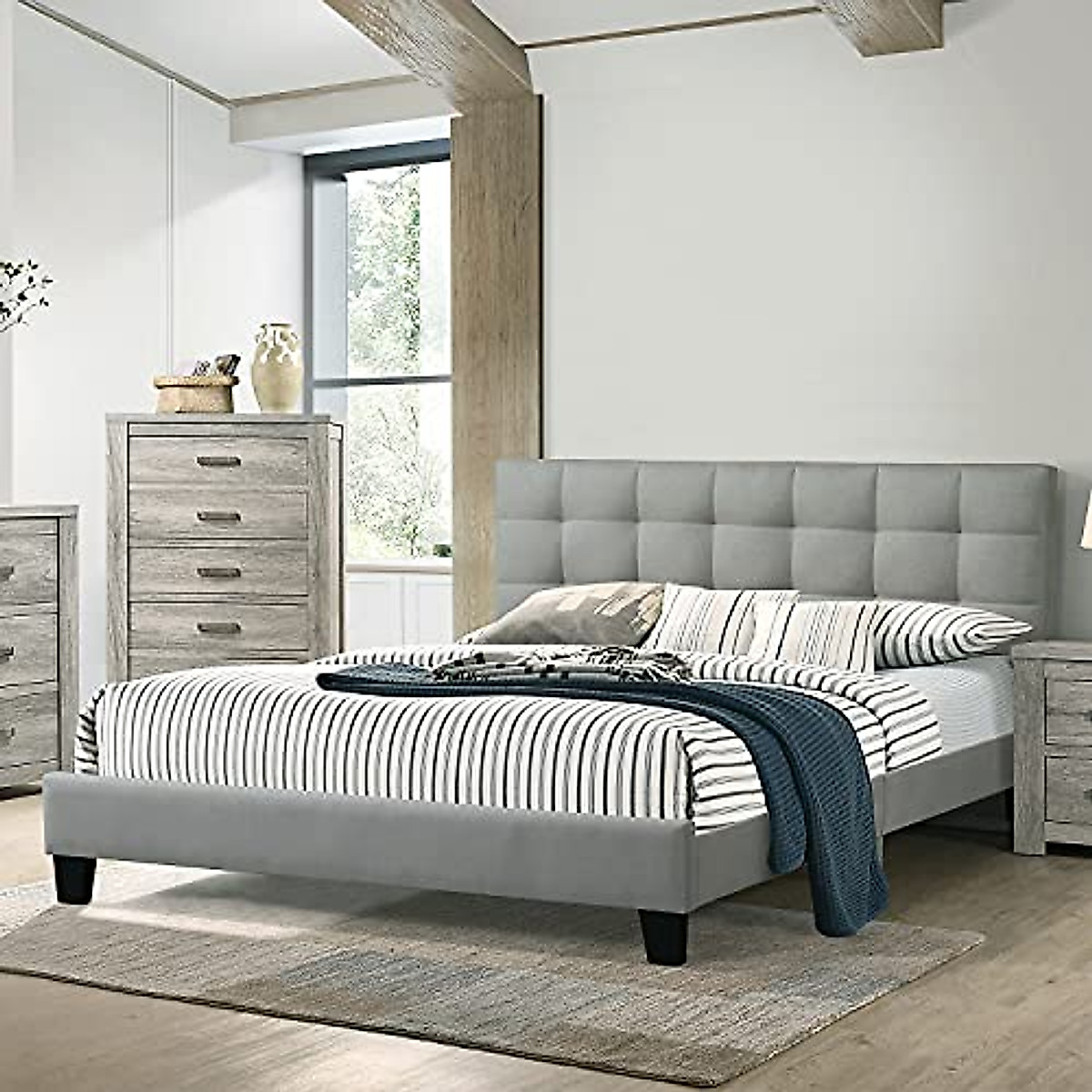 simple relax Grey Fabric Upholstered Bed, Cal. King Size