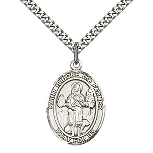 F A Dumont Sterling Silver St. Isidore The Farmer Pendant with 24" Stainless Steel Heavy Curb Chain. Patron Saint of Agricultural Workers