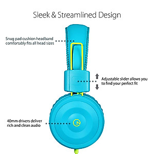 noot products Kids Headphones K22 Foldable Stereo Tangle-Free 5ft Long Cord 3.5mm Jack Plug in Wired On-Ear Headset for iPad/Amazon Kindle Fire/Boys/Girls/Laptop/School/Tablet (Teal/Lime)