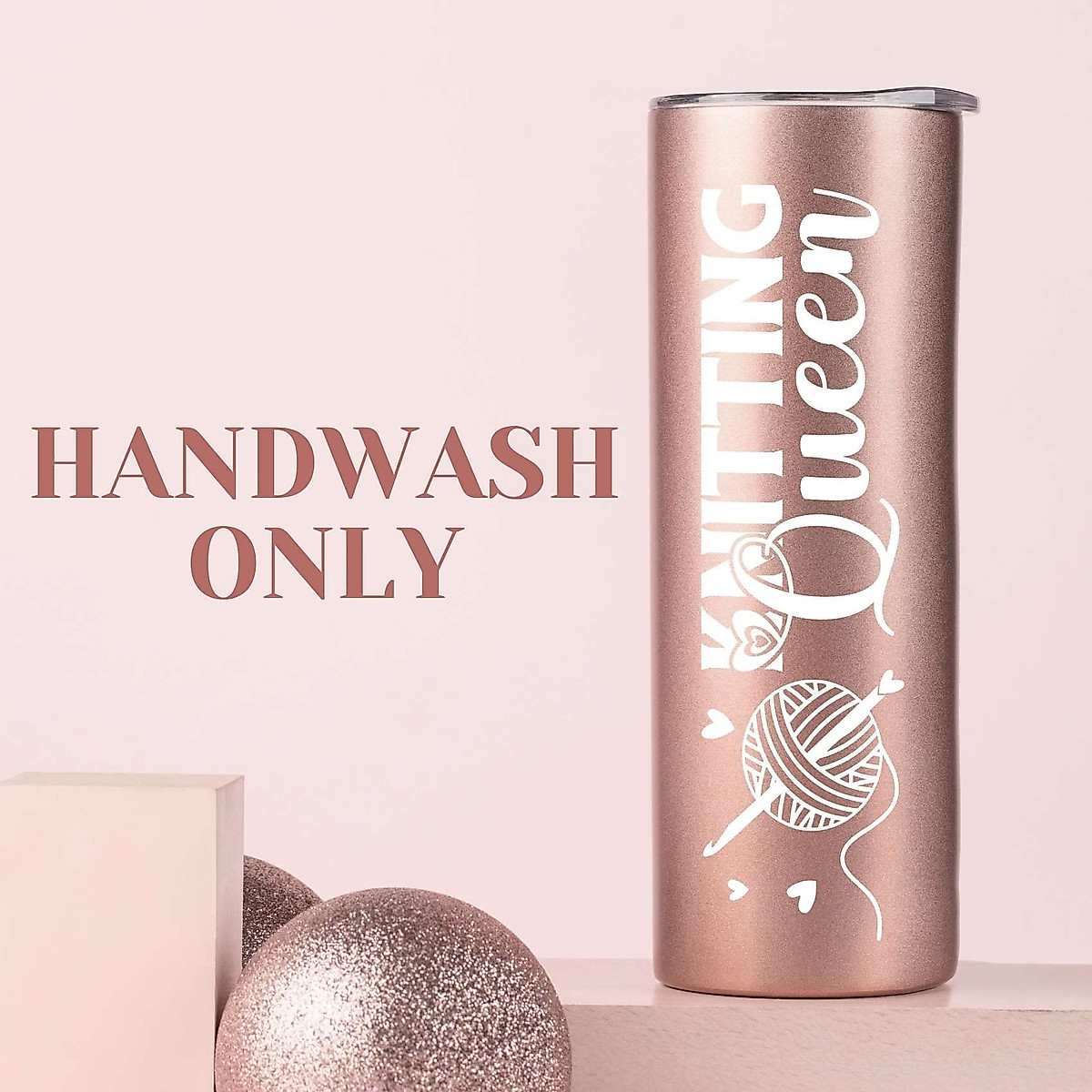 Onebttl Knitting Gifts for Women, Crochet Lovers - Knitting Queen - 20oz/590ml Stainless Steel Insulated Tumbler with Straw & Lid, Crochet Gift for Birthday, Christmas (Rose gold)