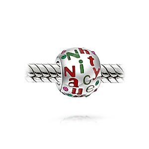 Bling Jewelry Red Green Words Naughty Nice Christmas Holiday Crystal Spacer Bead .925 Sterling Silver Core Fits European Charm Bracelet For Women Teens