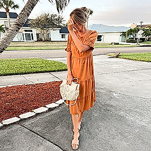 GAOVOT Women's Summer Casual Plain Simple Dresses Ruffle Puff Short Sleeve Loose Tunic Dress Flowy Tiered Midi Dress(Orange,XL)