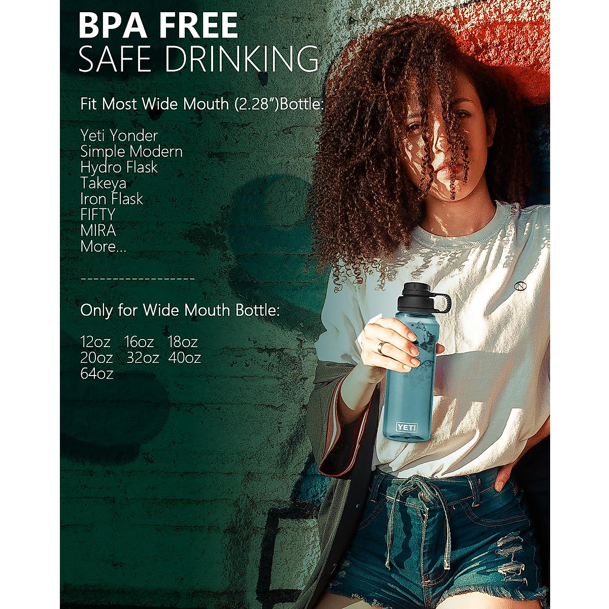 ALIENSX Chug Lid for Wide Mouth Water Bottles, Replacement Tether Cap for Wide Mouth Hydro Flask Rambler 12/16/18/32/40/64 oz and Yeti Yonder 20/25/34/50 oz, Spout Top with Flexible Handle