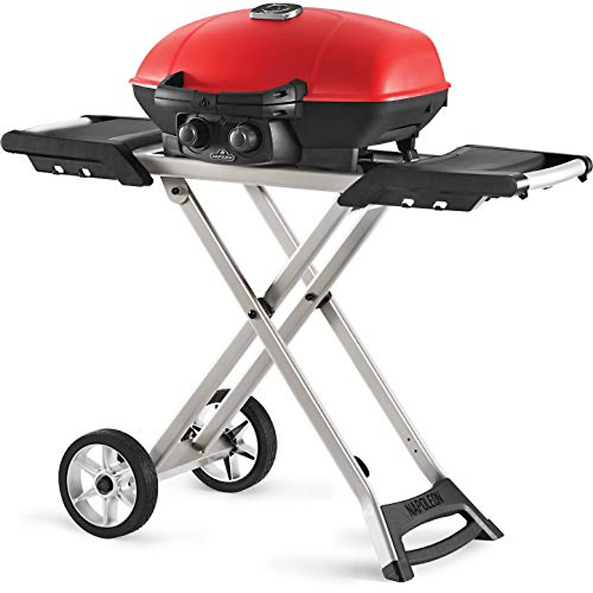 Napoleon TravelQ 285 Portable Gas BBQ Grill, Propane, Red Lid - TQ285X-RD-1-A Includes Folding Cart, Two Burners, Cast Iron Cooking Grids, Comes With Drop-in Griddle, Ideal for Camping & Tailgating