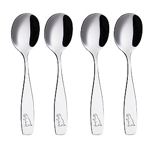 ANNOVA Kids Silverware 10 Pieces Children's Safe Flatware Set Stainless Steel - 4 x Forks, 4 x Dinner Spoons, 2 x Safe Knife Toddler Utensils, Metal Cutlery for Lunchbox (Engraved Dinosaurs)