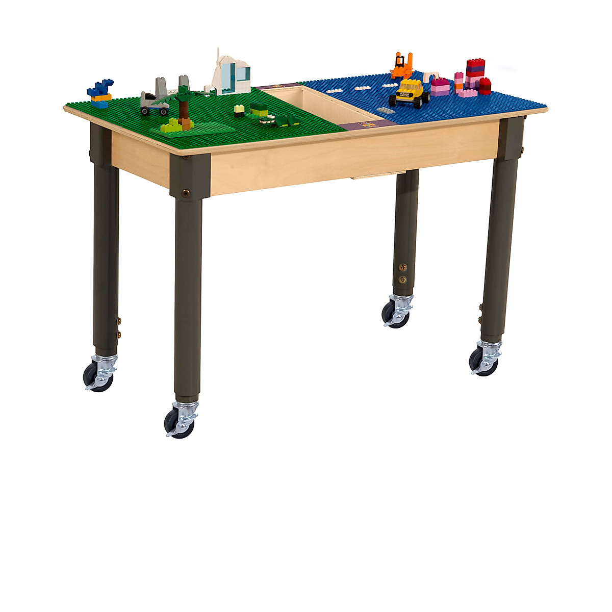 Time-2-Play Montessori Play Table, Reactangular Birch Plywood Blue & Green Lego Compatible Building Blocks Table with Trough and Wheels for Kids 18”-29” Adjustable Legs