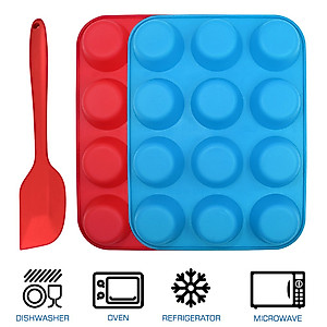 SourceTon 12-Cup Silicone Muffin Mold Bonus with Spatula, 3 pcs pack of Muffin Mold and Spatula Set, Cupcake Pans, Dishwasher, Oven, Microwave Oven. Blue + Red