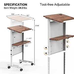 Bonnlo Mobile Stand Up Lectern Height Adjustable Podium with Wheels, Portable Heavy Duty Desk, Church Pulpit or Ceremony, Classroom Lecture Speech Teach Platform, Walnut Tabletop and White Steel Frame