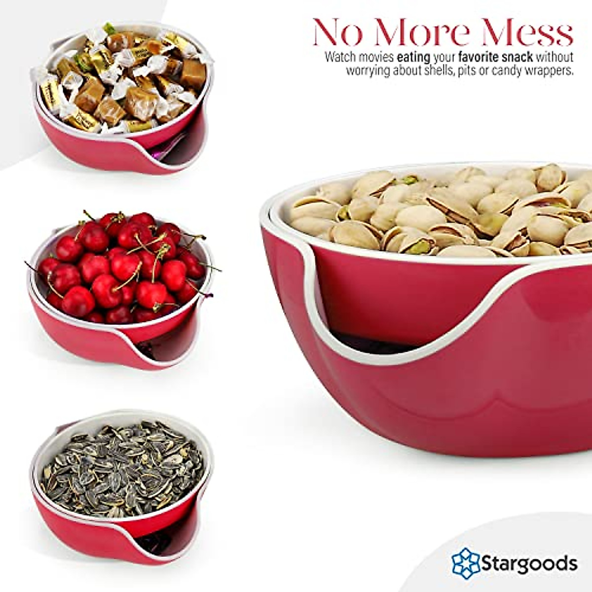 Pistachio Bowl, Snack Serving Dish, Double Peanut Bowl with Nut Seeds Shell Candy Storage, Red