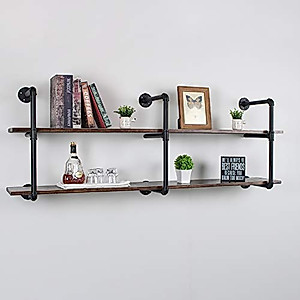 OISSIO Industrial Pipe Wall Shelf,2-Tiers Wall Mount Bookshelf,63in Rustic Wall Mount Shelf,DIY Storage Shelving Floating Shelves,Rustic Pipe Shelving Unit,Wall Book Shelf for Home Organizer