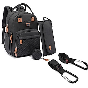 Dikaslon Diaper Bag Backpack, Stroller Hooks, Large Unisex Baby Bags with Changing Pad, Pacifier Case and Universal Stroller Clips for Mom Dad