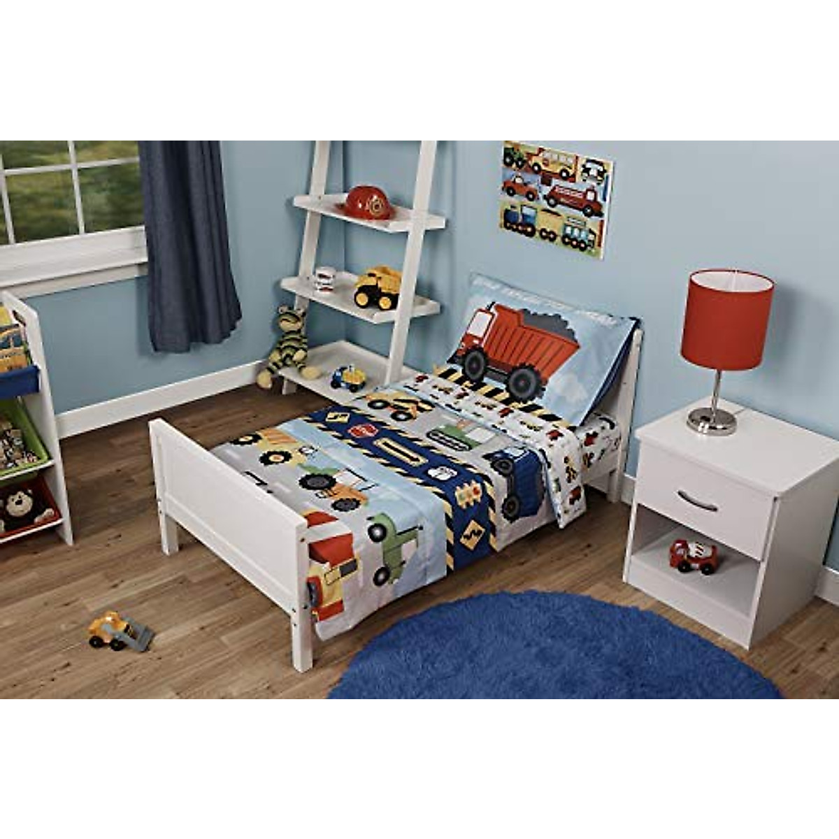 Funhouse 4 Piece Toddler Bedding Set - Includes Quilted Comforter, Fitted Sheet, Top Sheet, and Pillow Case - Construction Car and Truck Design for Boys Bed (Pack of 1)