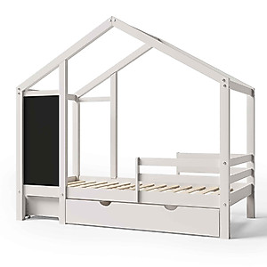 ATY Twin Size Platfrom Bed with Two Storage Drawers and Blackboard Design, Solid Wood House Shaped Bedframe w/Roof, Save Space & No Box Spring Needed, for Kids Bedroom, Dorm, White