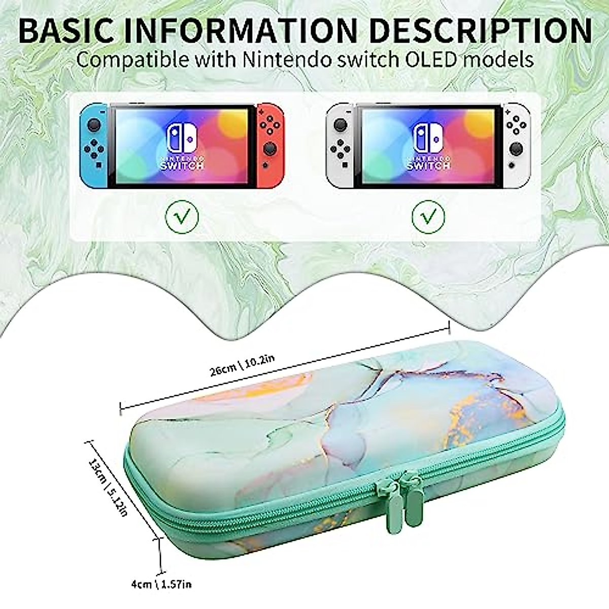 HYPERCASE Green Marble Carrying Case Compatible with Nintendo Switch/OLED, Shockproof Hard Protective Cover Case with 10 Game Card Slots, Portable Travel Bag for Switch Console Joycon & Accessories.