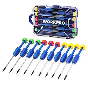 WORKPRO 10-Piece Precision Screwdriver Set with Case, Phillips, Slotted, Torx Star, Magnetic Screwdriver Repair Tool Kit in Different Sizes Colors, Non-Slip Grip for Eyeglass, Watch, Computer, Phone