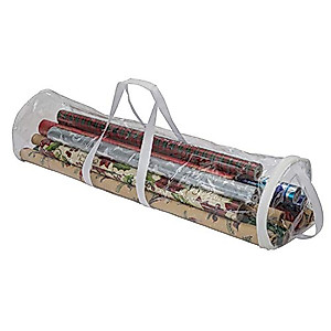 Simplify Clear Gift Wrap Storage Bag | Holds 30" Long Wrapping Paper Rolls | Clear | Zipper Closure | Easy Storage | Holiday Storage | Easy Carry Hangers