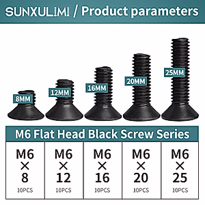 M6 x 8mm 12mm 16mm 20mm 25mm Flat Head Socket Cap Screws Countersunk Bolts, 10.9 Grade Alloy Steel, Black Oxide Finish, Fully Threaded, Metric Allen Hex Drive, Assortment Kit 50PCS