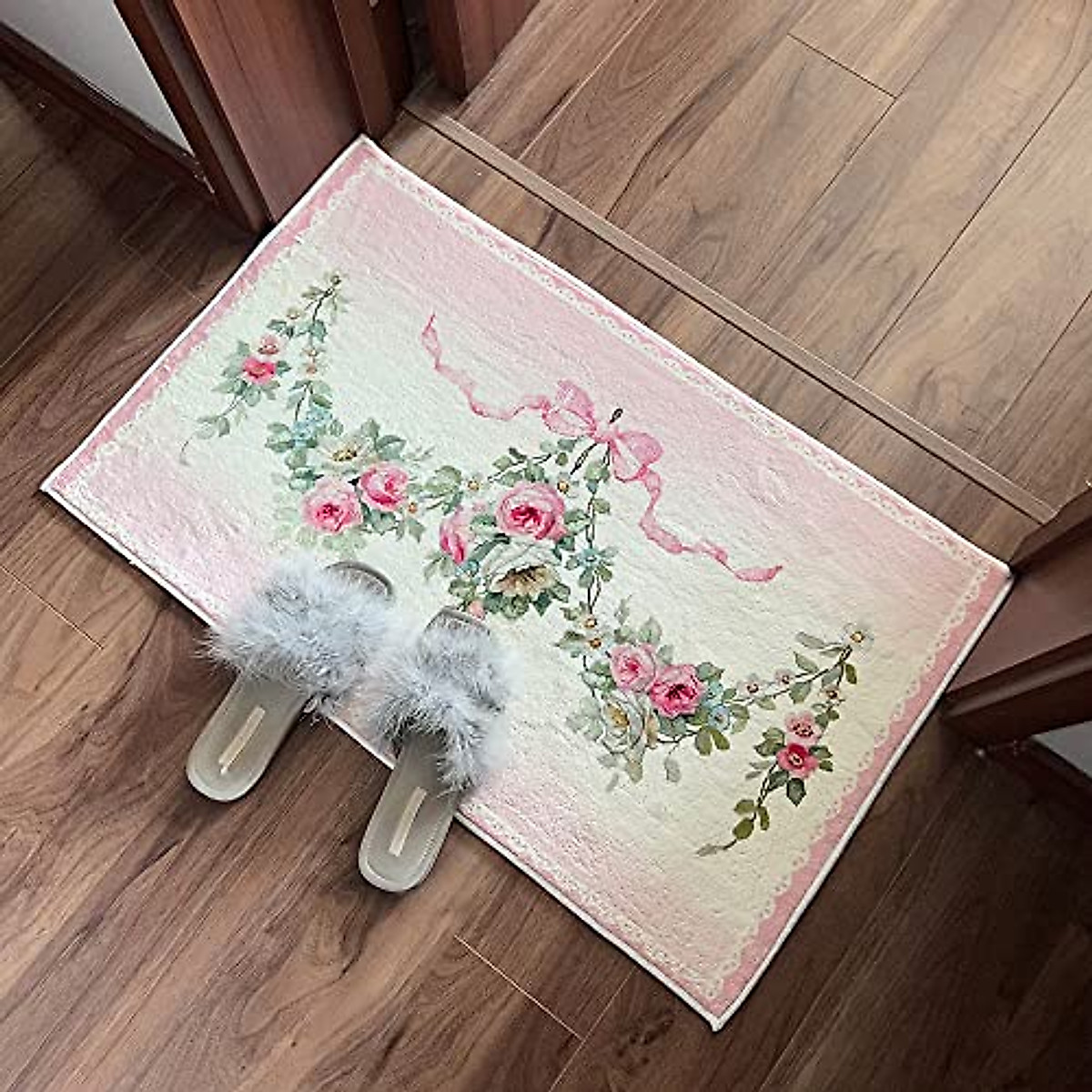 BOOMLATU Roses Flowers and Bow-Knot Indoor Front Door Mats for Entrance Door Rug,Machine Washable Non Slip Romantic Powder Fluffy Fuzzy Soft Area Rug Kitchen Rug 19.6x31.4in