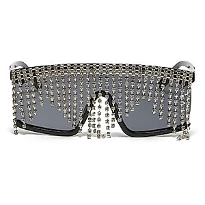 willochra Flat Top tassel Sunglasses Rhinestone Sun Glasses Diamond Party Eyeglasses Shades for Women UV400 (black)