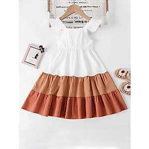 Verdusa Toddler Girl's Colorblock Ruffle Hem A Line Square Neck Sleeveless Mini Dress White Brown 120