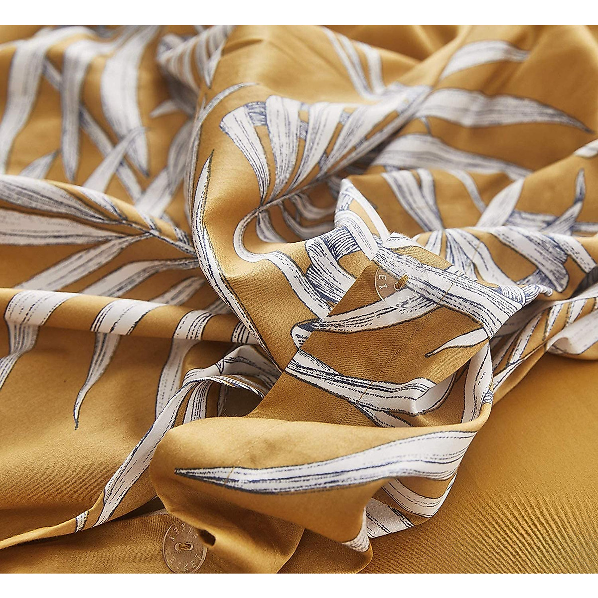 Eikei Midnight Blue Botanical Print Duvet Quilt Cover Egyptian Cotton Bedding Set Modern Luxury Minimal Palm Leaf Dark Charcoal Navy Ocher Floral Watercolor Design (Mustard Yellow, King)