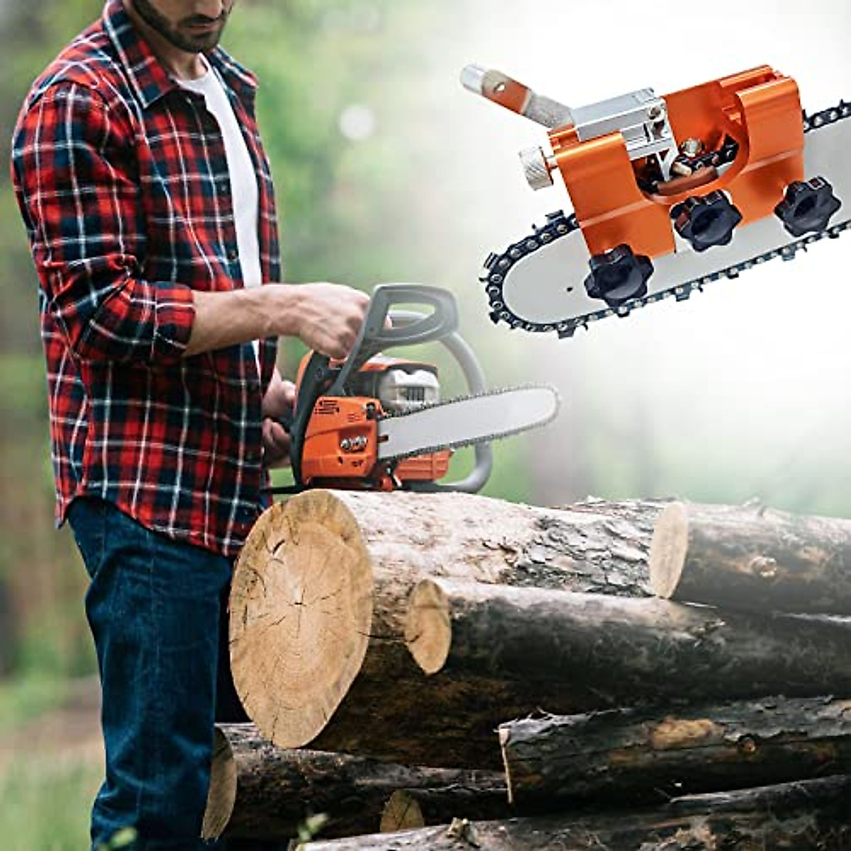 Firlar Chainsaw Sharpener Kit, Chainsaw Chain Sharpening Jig, Hand Crank Chainsaw Blade Sharpener, Portable Chainsaw Sharpening Tool for Chain, Lumberjack, Garden Worker, 3 Grinding Head