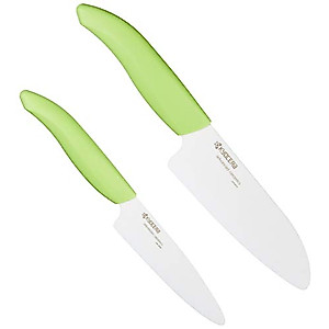 Kyocera Revolution 2-Piece Ceramic Knife Set: Chef Knife For Your Cooking Needs, 5.5" Santoku and 4.5" Utility Knife, White Blades with Green Handles, White/Green