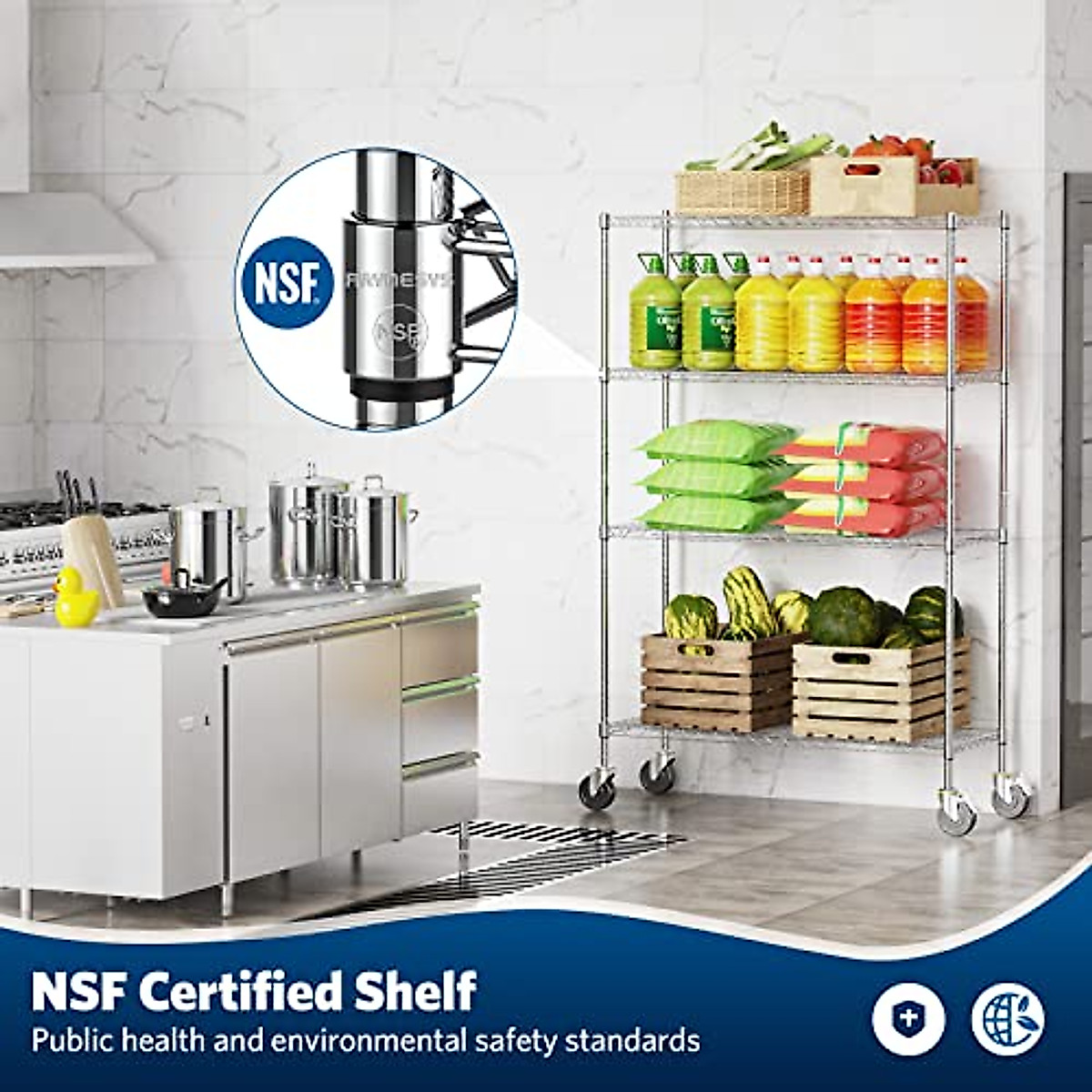 Raynesys Wire Shelving with 4" Wheels, 2400Lbs Heavy Duty 4-Tier Shelving Metal Shelves, 48x18x72in Steel Wire Storage Shelf Commercial Grade Adjustable Utility Rack for Garage, Kitchen, Chrome