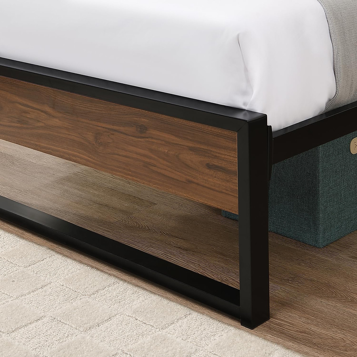 Metal Twin Size Bed Frame with Wood Headboard and Footboard, Platform Bed with Under-bed Storage Space, No Box Spring Needed, Sturdy Non-Slip Without Noise, Steel Slats, Mattress Foundation, Black