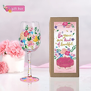 NymphFable Hand Painted Wildflowers Wine Glasses Birthday Wine Glass Birthday Gift for Women with Personalised Gift Box, 15oz
