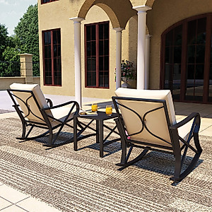 PatioFestival Rocking Chairs Bistro Set Metal Outdoor Furniture Conversation Set with Coffee Table&Thick Cushions for Backyard,Lawn,Porch,Poolside (3PCs, Khaki)